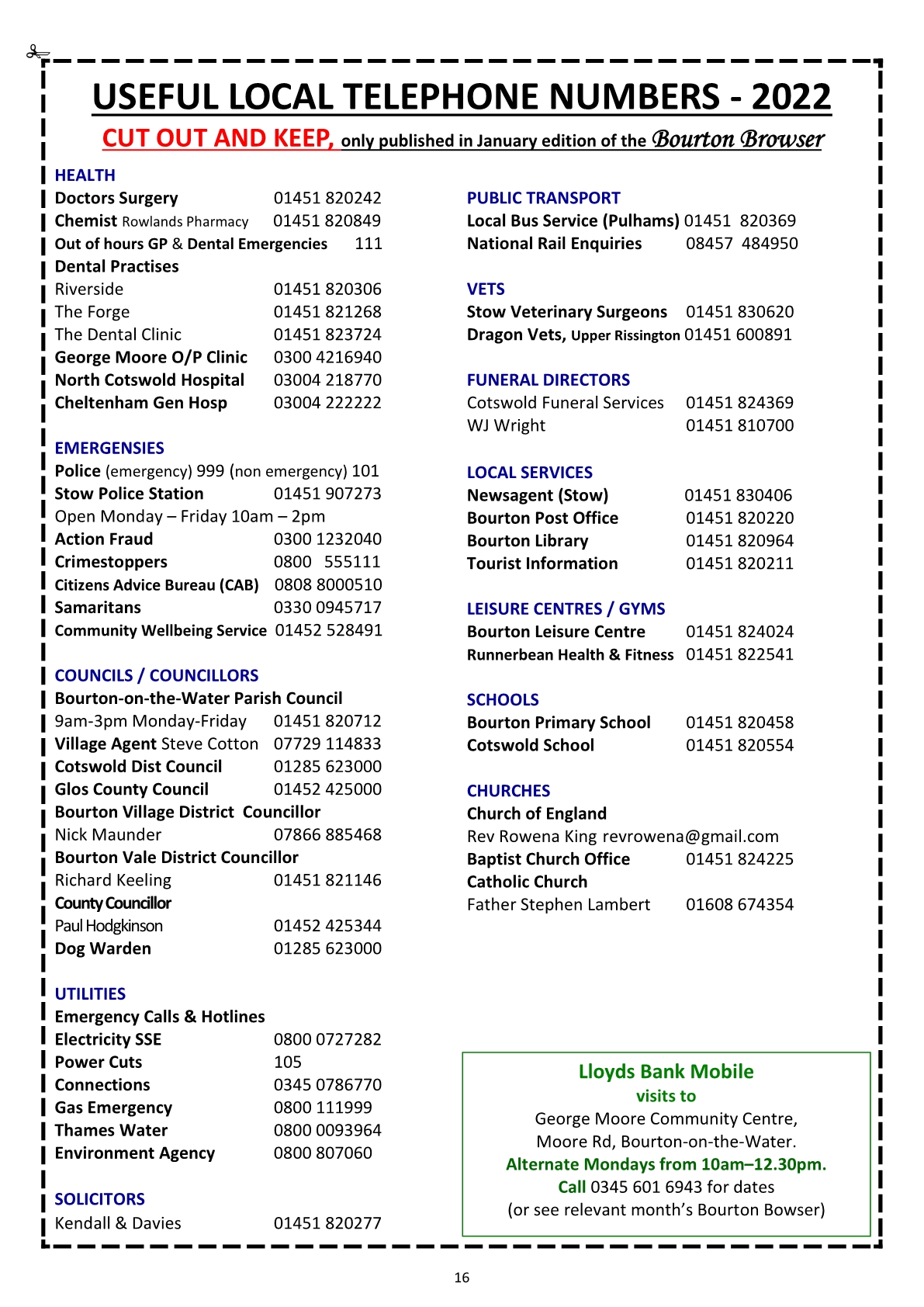 Useful Local Telephone Numbers 2022 – Bourton Browser
